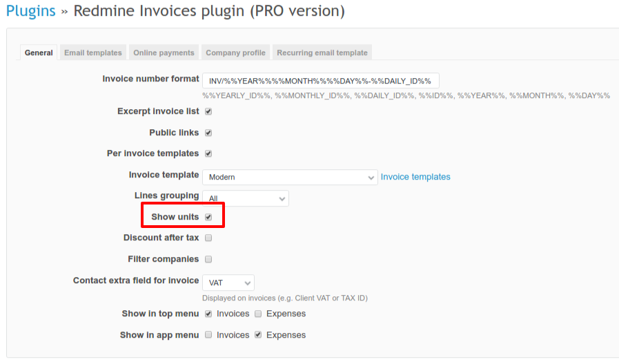 Managing units in Invoice Plugin | RedmineUP Help | Invoices plugin documentation